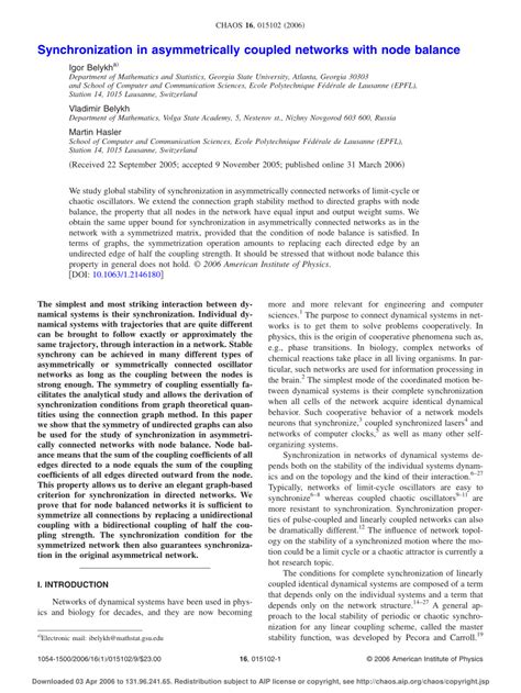 Pdf Synchronization In Asymmetrically Coupled Networks With Node Balance