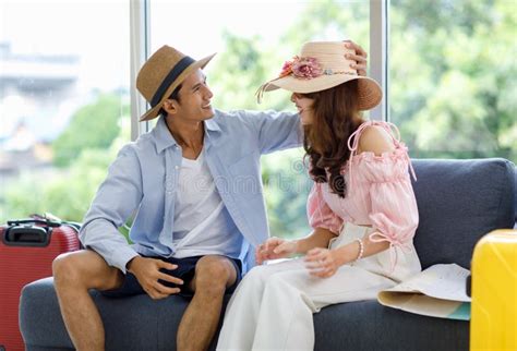 Asian Cheerful Male Female Lover Couple Traveler Husband Wife In Casual