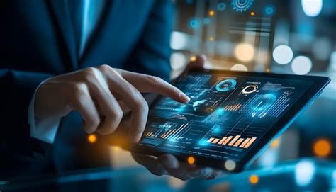 Hand Interacting With A Tablet Displaying Data Visualization Premium Ai Generated Image