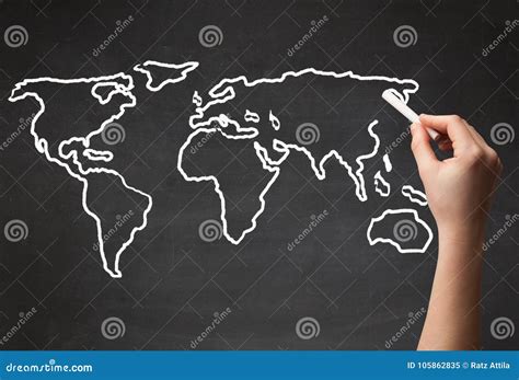 Adult Drawing World Map On Chalkboard Stock Image Image Of Concept Person 105862835
