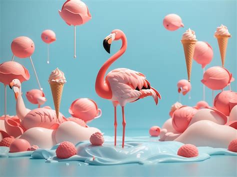premium photo flamingo float rotate around ice cream on pastel blue