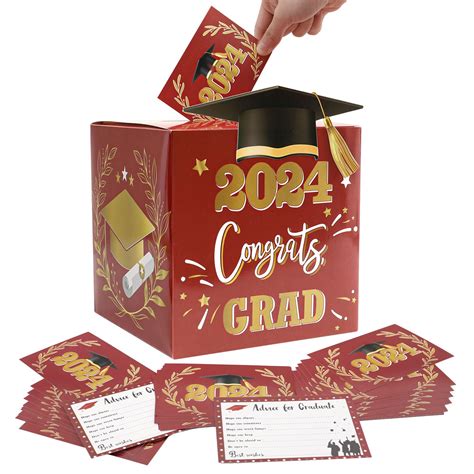 2024 Graduation Decoration Red Gold Graduation Cap Card Box Money Holder With 36 Pcs Congrats