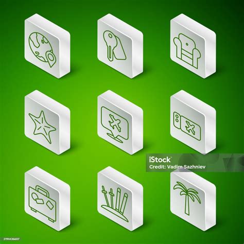 세트 라인 열대 야자수 스키와 스틱 지구본의 위치 비행기 불가사리 호텔 도어 잠금 키 여행 가방 및 항공권 아이콘과 말풍선 벡터