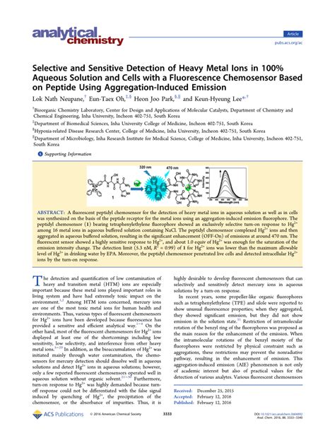 Pdf Selectively And Sensitively Detection Of Heavy Metal Ions In 100 Aqueous Solution And