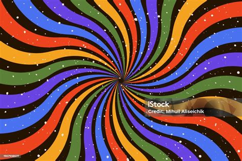 검은 배경에 그루비 추상 무지개 소용돌이 19601970년대 스타일의 복고풍 디자인 빈티지 햇살 배경입니다 화려한 여름 히피 카니발 벡터 일러스트 레이 션 1960 1969