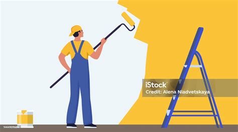 화가 남자는 롤러 브러시로 집 벽을 칠합니다 페인트 롤러와 페인트 캔을 사용하는 노동자 데코레이터 작업 인테리어 리노베이션 서비스 평면 벡터 캐릭터 그림입니다 개선에 대한