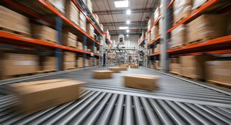 Fast Paced Cardboard Boxes Moving On Conveyor Belt In A Warehouse Logistics And Distribution