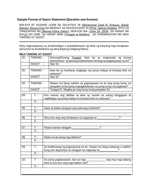Sample Format Of Sworn Statement Question And Answer 1 Pdf