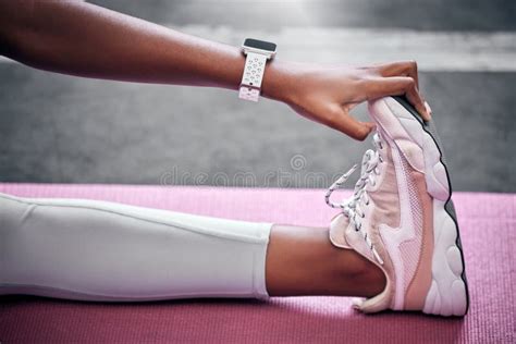 Fitness Feet And Woman Stretching Sneakers And Legs On Mat For Sports Training Exercise And
