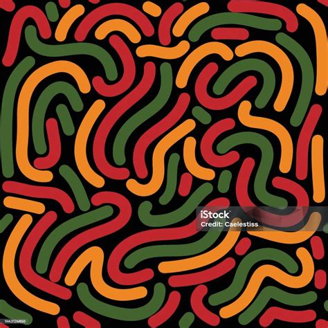 추상적인 매끄러운 패턴 배경 아프리카계 미국인 국기의 색상으로 된 다른 선 낙서 모양 검은색 배경에 빨간색 노란색 녹색 크리에이 티브 기하학적 벡터 손으로 그린 인쇄 텍스처