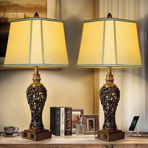 285 Tall Farmhouse Vintage Table Lamp Set Of 2 With Faux Silk Shade