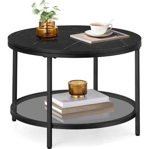 Vasagle 원형 커피 테이블 인조 대리석 탑 및 유리 보관 선반이 있는 소형 커피 테이블 2 단 원형 커피 테이블 Café 가구