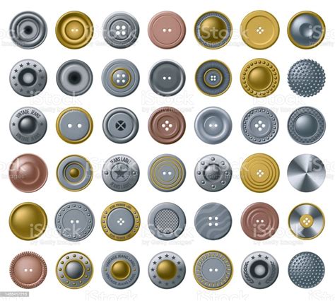 옷을위한 현실적인 버튼 빈티지 금속 패스너데님 소품 버튼톱 뷰 골동품 청동 의류 패스너 벡터 세트 단추 봉제 제품에 대한 스톡 벡터 아트 및 기타 이미지 Istock