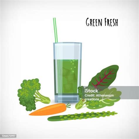 신선한 야채 녹색 신선한 스무디와 투명 유리 브로콜리 당근 아스파라거스 양상추 비트 잎 빨대와 유리 플랫 벡터 그림입니다 0명에 대한 스톡 벡터 아트 및 기타 이미지