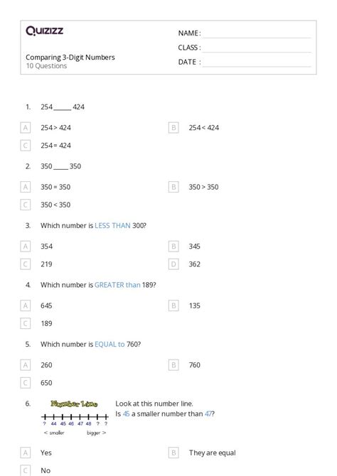 50 Comparing Three Digit Numbers Worksheets For 1st Class On Quizizz Free And Printable