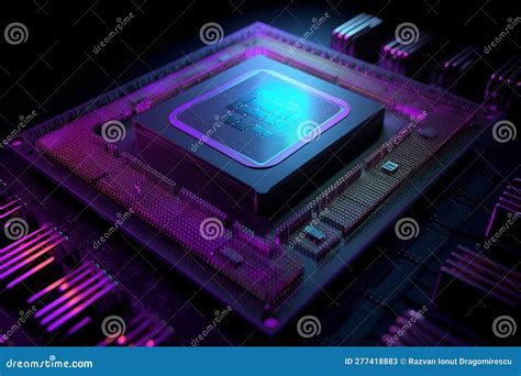 Highly Advanced Microchip Processor With A Series Of Blue And Purple Lights Illuminating Its
