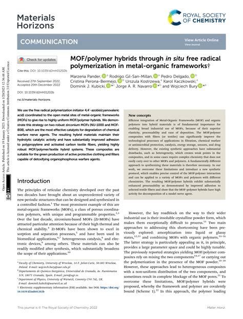 Pdf Mofpolymer Hybrids Through In Situ Free Radical Polymerization In Metal Organic Frameworks