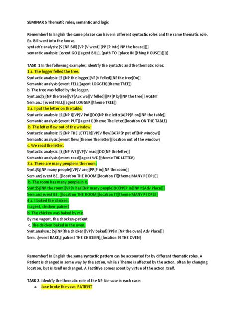 Week 5 Seminar Thematic Roles Semantic And Syntax Pdf Syntax Phrase