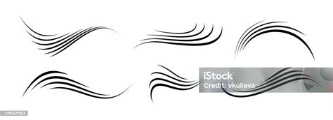 바람 모션 라인 세트 흐르는 파도 컬렉션 부는 허리케인 산들 바람 또는 폭풍 선 개념 검은 소용돌이 곡선 및 나선이 뭉쳐 있습니다 공기 움직임 및 돌풍 기호 팩 벡터 개념에