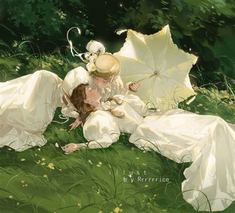 Safebooru 2girls Artist Name Brown Hair Bush Day Dress Eye Contact