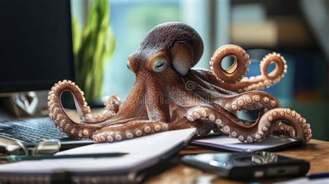 Creative Octopus Working Among Tech And Documents Stock Illustration