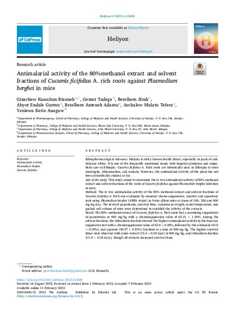 Pdf Antimalarial Activity Of The 80methanol Extract And Solvent