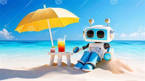 Cute Robot With Yellow Umbrella On Ocean Beach On Vacation Stock