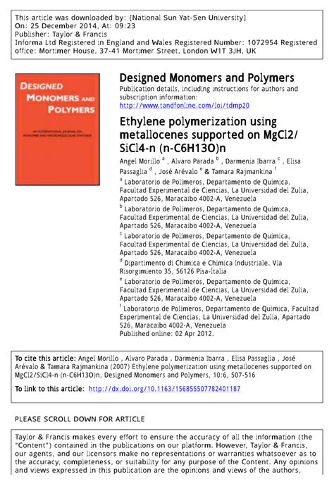 Pdf Ethylene Polymerization Using Metallocenes Supported On Mgcl2 Sicl4−n Nc6h13o N