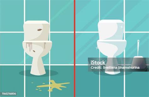 ก่อนและหลังการทําความสะอาดองค์ประกอบของห้องน้ําสกปรกและสะอาดแทนชามห้องน้ําสองใบก่อนหล ภาพประกอบ