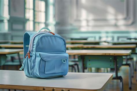 Blue Backpack On Classroom Desk In An Empty Schoolroom Back To School