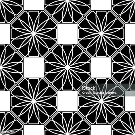 벡터 검은 타일에 추상 흰색 꽃 원활한 패턴 벡터 그림 흑백 0명에 대한 스톡 벡터 아트 및 기타 이미지 0명 가리기