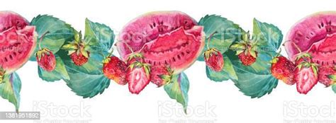 흰색 배경에 녹색 잎과 원활한 국경 여름 수채화 슬라이스 수박과 딸기 손으로 그린 달콤한 딸기 음식 은 주방을 위한 음식입니다 메뉴에 대한 레드 과일 디저트 요리책 예술 0