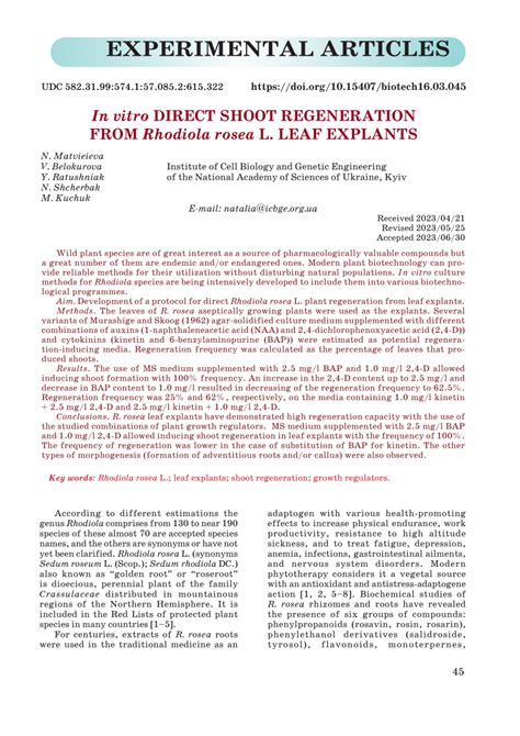 Pdf In Vitro Direct Shoot Regeneration From Rhodiola Rosea L Leaf