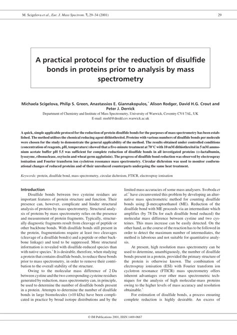 Pdf A Practical Protocol For The Reduction Of Disulfide Bonds In Proteins Prior To Analysis By