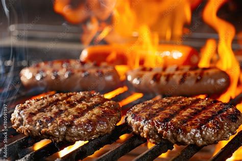 Hamburgers And Hot Dogs Sizzling On The Grill With Flames Delicious