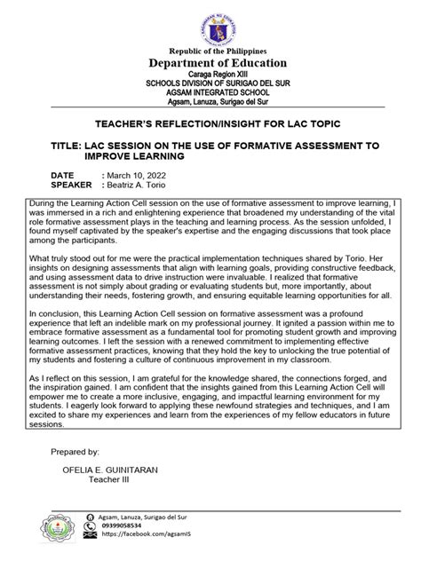 Reflection On The Use Of Formative Assessment Pdf Education Theory