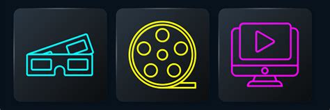 세트 라인 3d 시네마 안경 온라인 재생 비디오 및 필름 릴 검은 정사각형 버튼 벡터 3차원 형태에 대한 스톡 벡터 아트 및 기타 이미지 3차원 형태 검은색 굴리기