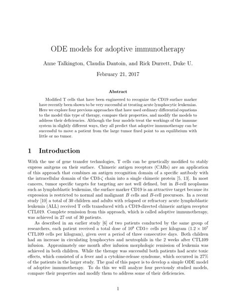 pdf ordinary differential equation models for adoptive immunotherapy