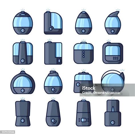 흰색 배경에 격리 된 가습기 공기 디퓨저 아이콘 세트입니다 정화기 소기후 초음파 홈 플랫 벡터 일러스트 레이션 건강한 습도