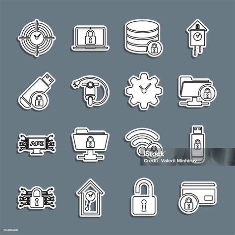 잠금 장치 Usb 플래시 드라이브 Ftp 폴더 및 서버 보안 전기 스쿠터 시간 관리 및 아이콘이있는 신용 카드를 설정합니다 벡터