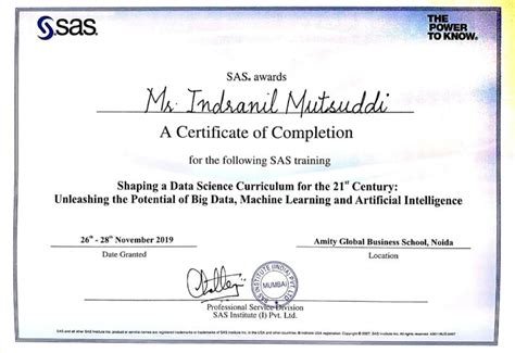 Certificate Of Completion For Sas Training On Shaping A Data Science Curriculum For The 21st
