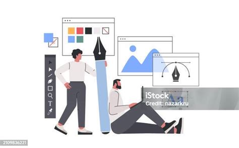 그래픽 디자인 컨셉입니다 프로젝트에서 함께 작업하는 디자이너 또는 일러스트레이터 랩톱 컴퓨터와 거대한 스타일러스 펜을 사용하는 창의적인 사람들은 그래픽 편집기로 작업합니다