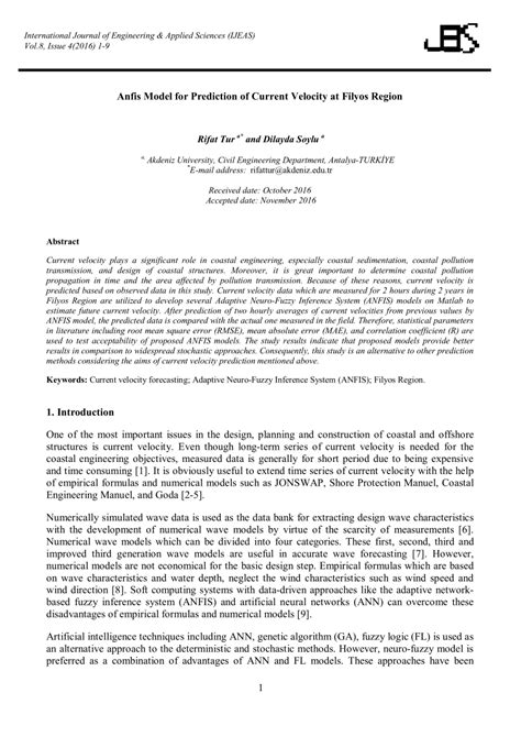 Pdf Anfis Model For Prediction Of Current Velocity At Filyos Region