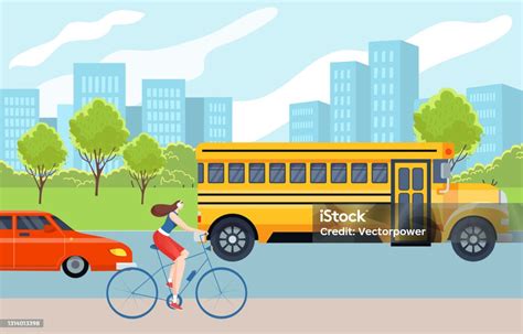 개념 현대 도시 교통 배너 여성 캐릭터는 도로에 자전거를 타고 노란색 학교 버스와 개인 자동차 평면 벡터 일러스트 자전거 타기에 대한 스톡 벡터 아트 및 기타 이미지