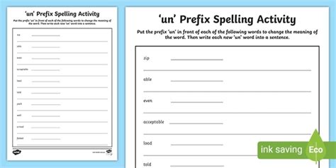 Prefix Un Spelling Activity Worksheet Twinkl