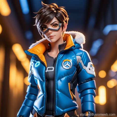 tracer from overwatch with her overfilled xxl glossy down jacket and ...