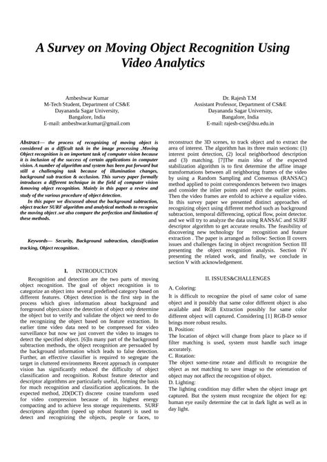 pdf a survey on moving object recognition using video analytics