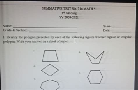Solved Summative Test No 2 In Math 5 3nd Grading Sy 2020 2021 Name Score Grade And Section