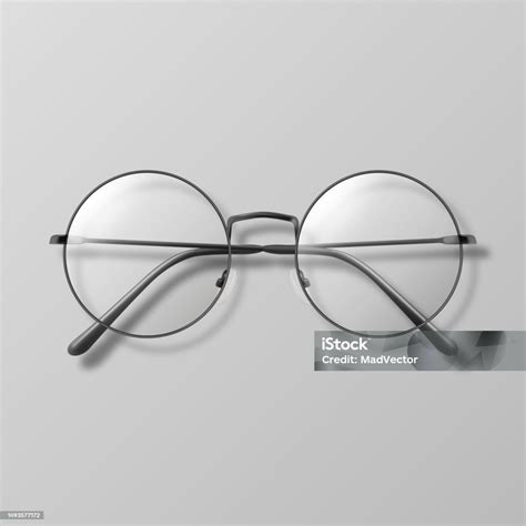 벡터 3d 현실적인 블랙 라운드 프레임 안경입니다 여성과 남성을 위한 무색 투명 선글라스 액세서리 광학 렌즈 빈티지 트렌디한 안경 전면 평면도 안경에 대한 스톡 벡터 아트