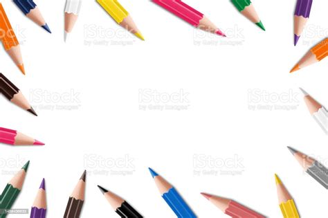 연필 배경입니다 흩어져있는 색연필 연필이나 크레용을 모의하십시오 다채로운 연필은 흰색 배경에 테두리를 프레임 현실적인 3d 벡터 그림 펜에 대한 스톡 벡터 아트 및 기타